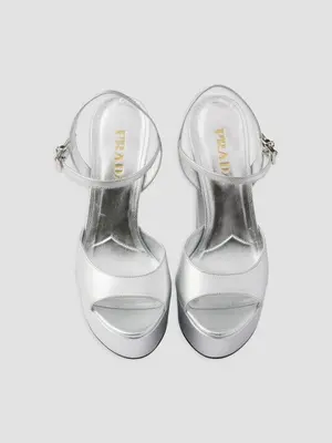 Prada Patent Saffiano Leather Platform Sandals - Silver