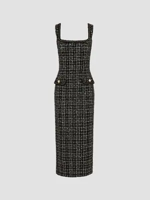 Rebecca Vallance Meringue Embellished Tweed Scoopneck Midi Dress - Black