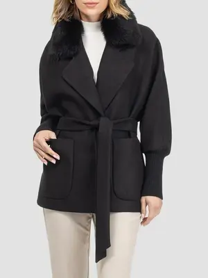 Gorski Fabric Coat With Detachable Shearling Lamb Collar, Belt - Black