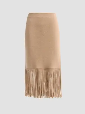 Cara Cara Delphi Knit Fringe Merino Wool Midi Skirt - Camel