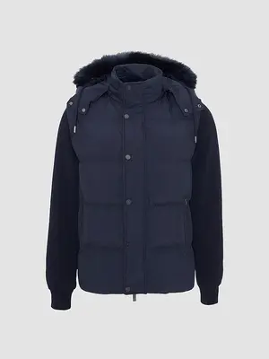 Gorski Quilted Down Bomber Jacket With Detachable Sleeves And Shearling Hood - Navy