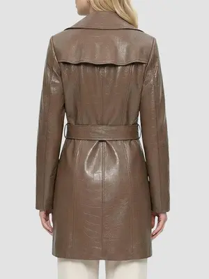 Gorski Select Nappa Leather Croco Embossed Trench Coat, Belt - Camel