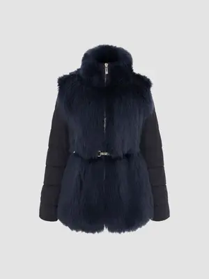 Gorski Select Shearling Lamb Jacket With Quilted Sleeves And Back, Belt - Navy