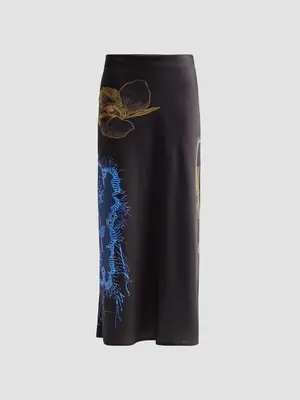 JASON WU Printed Crepe Satin Bias Midi Skirt - Black Multi