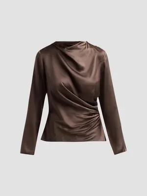 Loulou De Saison Anya Draped Satin Long-sleeve Top - Brown
