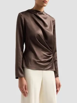 Loulou De Saison Anya Draped Satin Long-sleeve Top - Brown