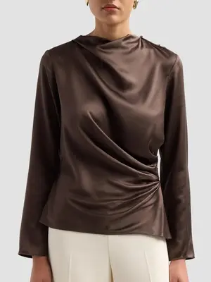 Loulou De Saison Anya Draped Satin Long-sleeve Top - Brown