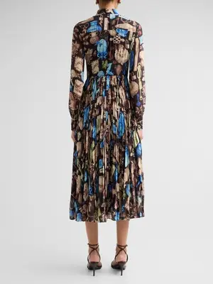 JASON WU Printed Crepe Chiffon Pleated Tieneck Midi Dress