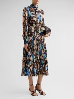 JASON WU Printed Crepe Chiffon Pleated Tieneck Midi Dress