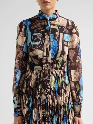 JASON WU Printed Crepe Chiffon Pleated Tieneck Midi Dress