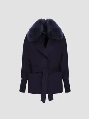 Gorski Fabric Jacket With Detachable Shearling Lamb Collar, Belt - Navy