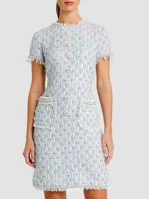 Mac Duggal Floral Beaded Tweed Dress Blue Multi