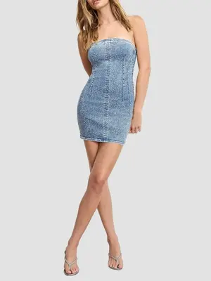 Good American Crystal Denim Strapless Minidress