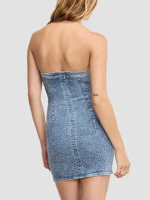 Good American Crystal Denim Strapless Minidress