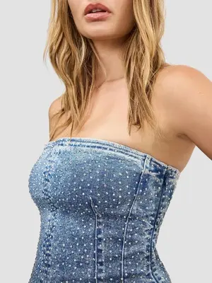 Good American Crystal Denim Strapless Minidress