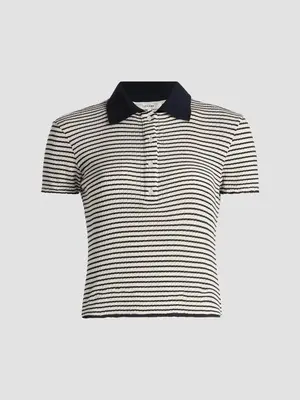 FRAME The Pointelle Striped Knit Polo Shirt - Navy Multi