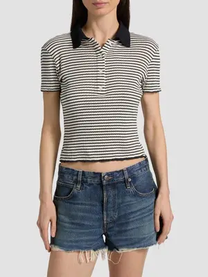 FRAME The Pointelle Striped Knit Polo Shirt
