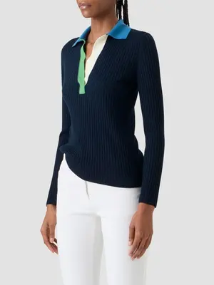 Akris Colorblocked Rib-knit Wool Long-sleeve Polo Shirt