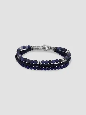 John Varvatos Skull Sterling Lapis Lazuli & Sodalite Triple-strand Beaded Bracelet - Silver