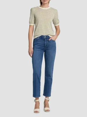 FRAME The Striped Gathered Short-sleeve Sweater
