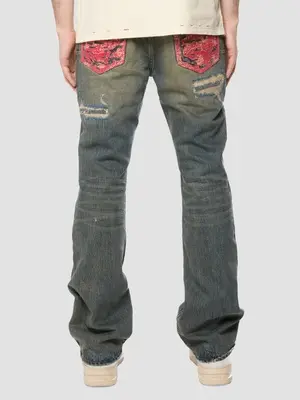 PURPLE BRAND Quilted Destroyed Mid Indigo Bootcut Jeans