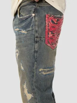 PURPLE BRAND Quilted Destroyed Mid Indigo Bootcut Jeans