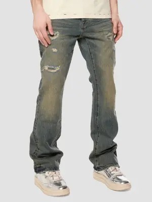 PURPLE BRAND Quilted Destroyed Mid Indigo Bootcut Jeans