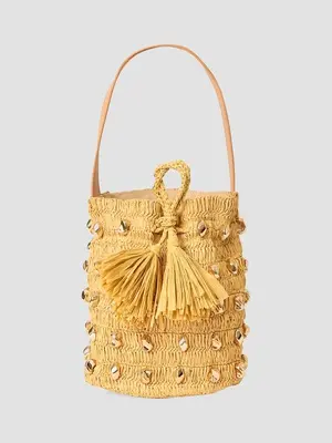 BTB LOS ANGELES Gaila Studded Raffia Bucket Bag