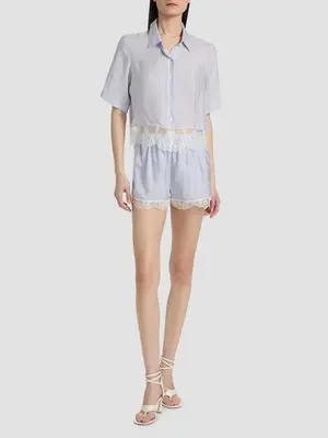 FRAME The Stripe Silk Lace-trim Shorts