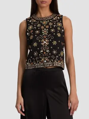 Alice + Olivia Amal Embellished Linen Boxy Sleeveless Top