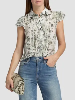 Alice + Olivia Minda Printed Silk Pleated Blouse