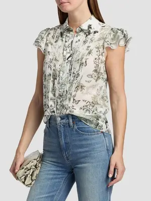 Alice + Olivia Minda Printed Silk Pleated Blouse