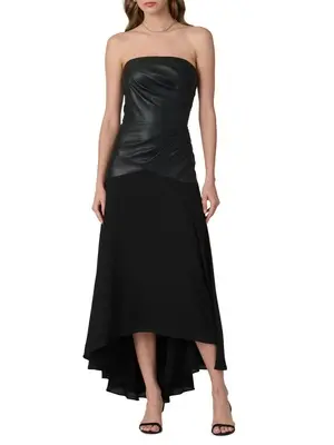 Shoshanna Rustin Draped Faux-leather Strapless Midi-dress