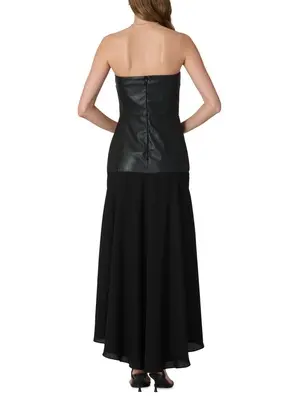Shoshanna Rustin Draped Faux-leather Strapless Midi-dress