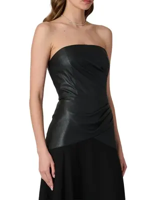 Shoshanna Rustin Draped Faux-leather Strapless Midi-dress