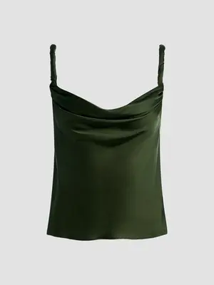Alice + Olivia Monique Cowlneck Satin Tank - Dark Fern