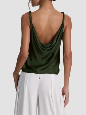 Alice + Olivia Monique Cowlneck Satin Tank - Dark Fern