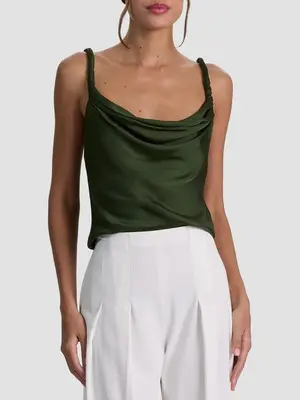 Alice + Olivia Monique Cowlneck Satin Tank - Dark Fern
