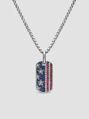 David Yurman Chevron American Flag Tag In Sterling Silver With Sapphires, Diamonds, And Rubies, 27mm - Sapphire