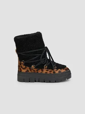 POLLINI Lace-up Shearling Ankle Boots - Black Leopard