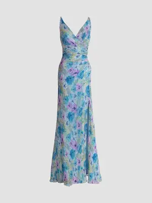 Dress The Population Jordan Floral Metallic Sleeveless Surplice Gown - Sky Multi