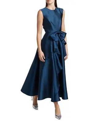 Shoshanna Leo Textured Satin Bow Midi-dress - Navy