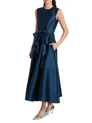 Shoshanna Leo Textured Satin Bow Midi-dress - Navy