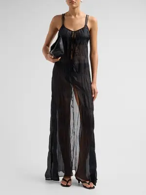 Kiki De Montparnasse Smocked Silk Tie Maxi Gown