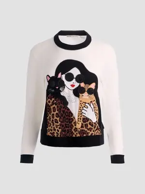 Alice + Olivia Gleeson Staceface Leopard Merino Wool Pullover Sweater - Soft White Multi