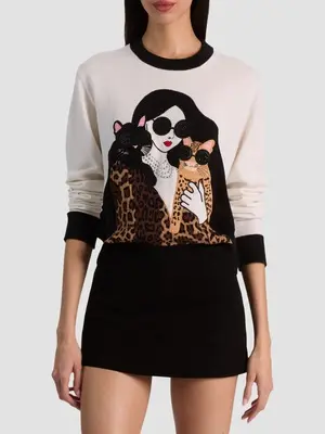 Alice + Olivia Gleeson Staceface Leopard Merino Wool Pullover Sweater - Soft White Multi