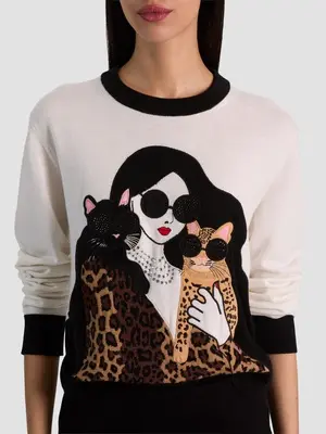 Alice + Olivia Gleeson Staceface Leopard Merino Wool Pullover Sweater - Soft White Multi
