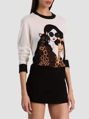Alice + Olivia Gleeson Staceface Leopard Merino Wool Pullover Sweater - Soft White Multi