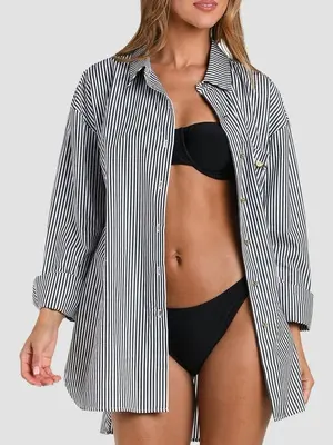 L'Agence Lorena Voyage Striped Cotton Cover-up Shirt