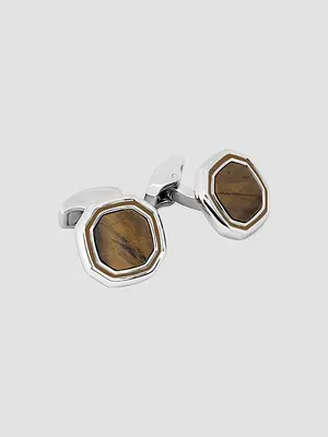 Tateossian Tiger's Eye & Rhodium-plated Octagon Cufflinks - Brown